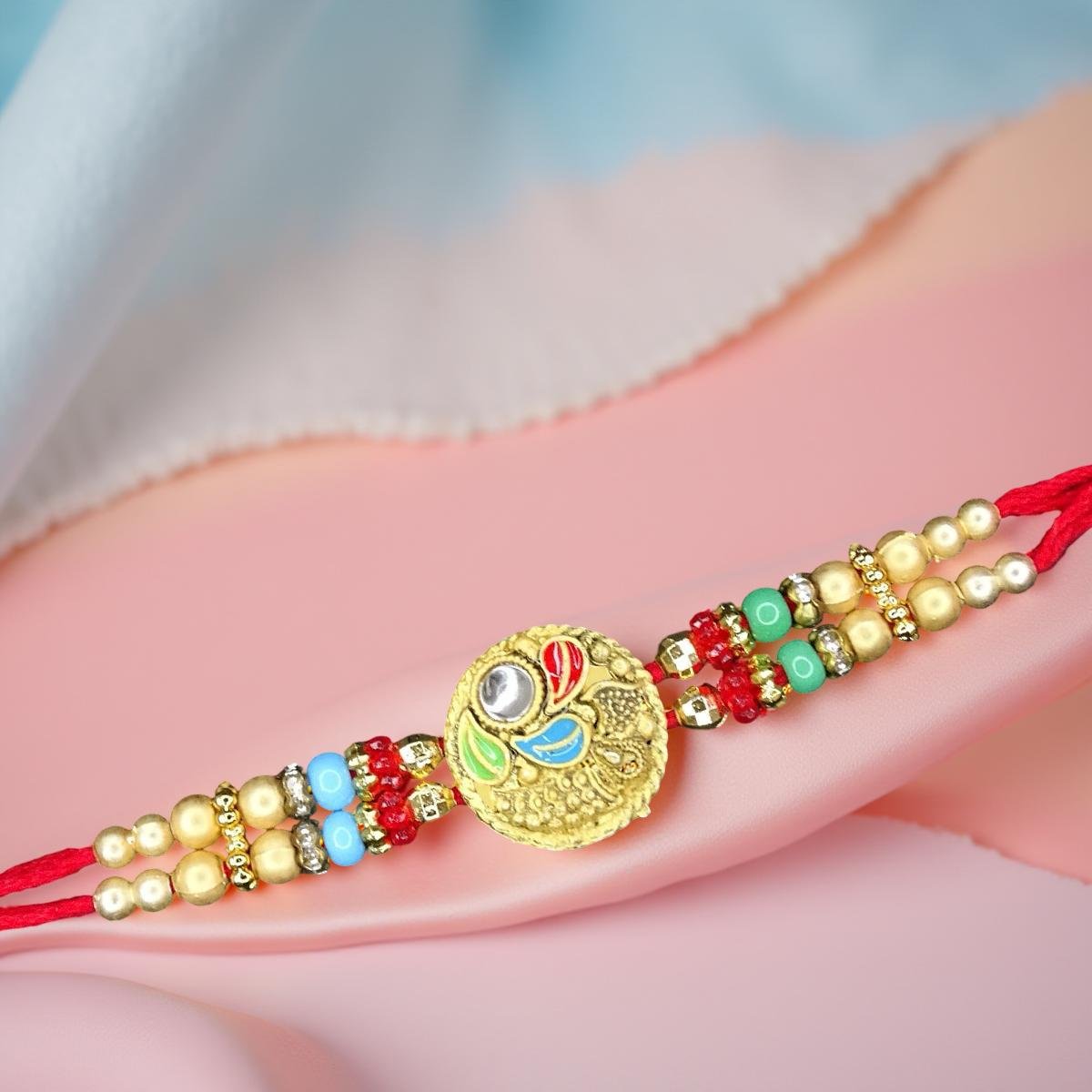 Diamond Multi-Color Leaf Gold Round Bracelet Rakhi - BLstyle