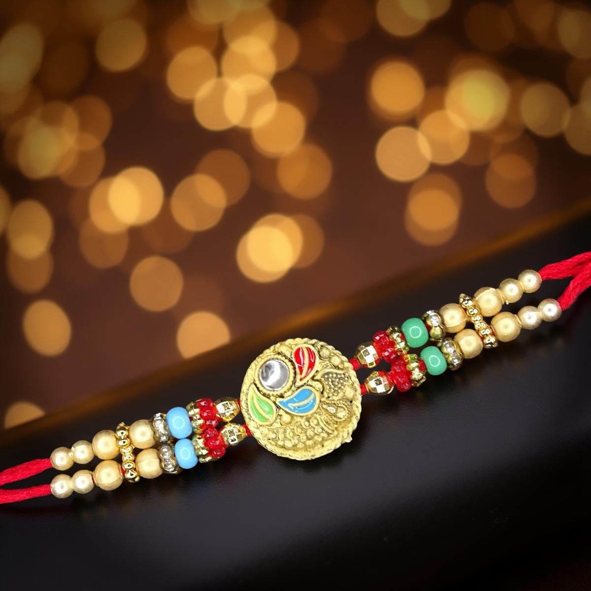Diamond Multi-Color Leaf Gold Round Bracelet Rakhi - BLstyle