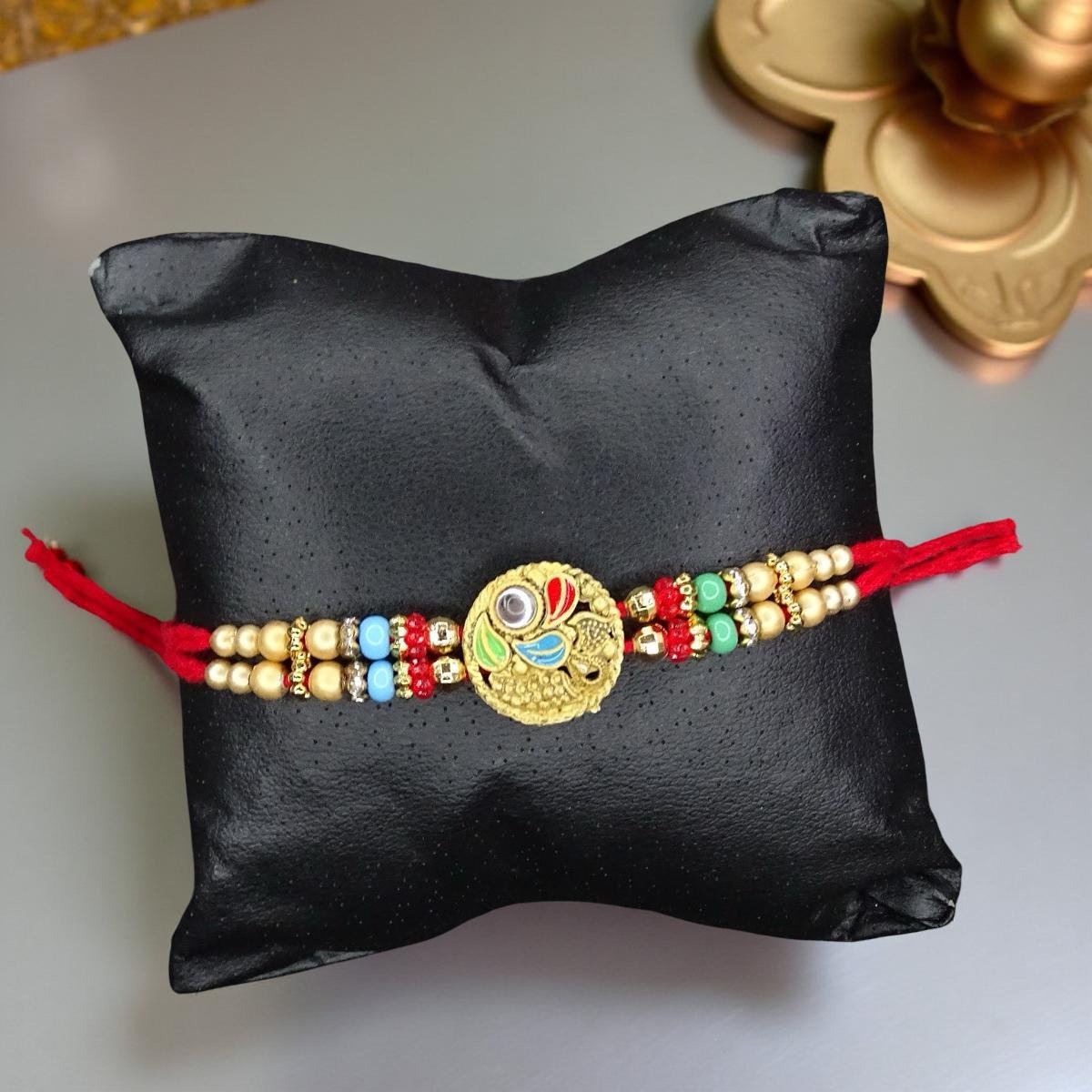 Diamond Multi-Color Leaf Gold Round Bracelet Rakhi - BLstyle